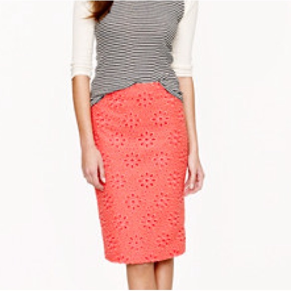 J. Crew | Skirts | J Crew No 2 Coral Pink Eyelet Pinwheel Pencil Skirt ...